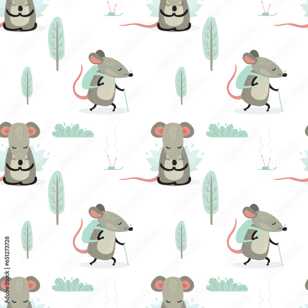 Mouse walking and meditating, seamless pattern. Texture with cute rat ...