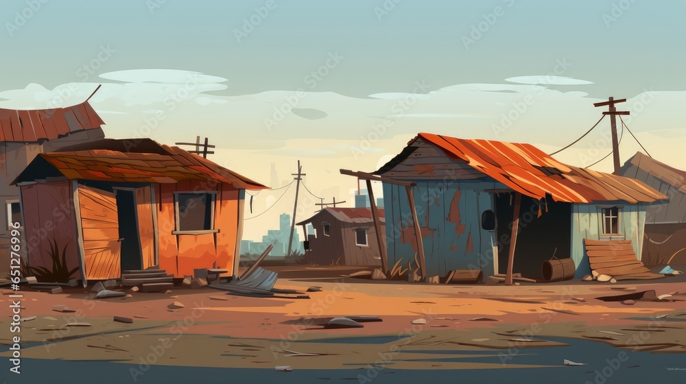 Flat-style vector illustration depicting a slum area with huts and old ...
