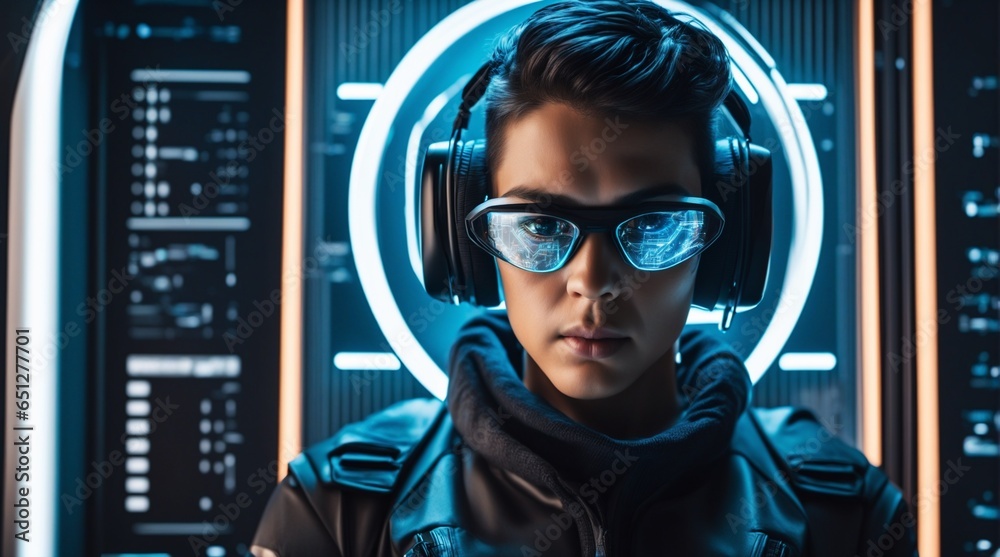 Present an expert cyberpunk hacker in a futuristic environment ...