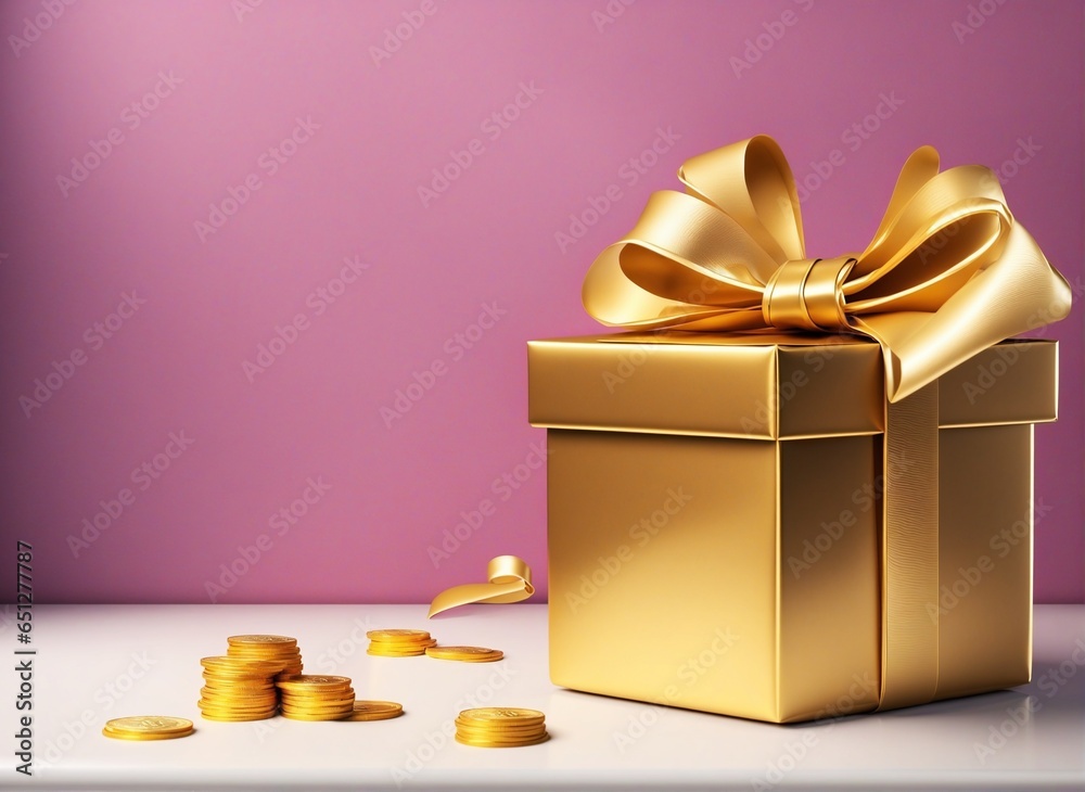 3D Open gift box with floating gold coin and serpentine ribbon. Cash ...
