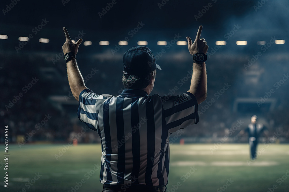 Professional football referee signaling touchdown in stadium during ...