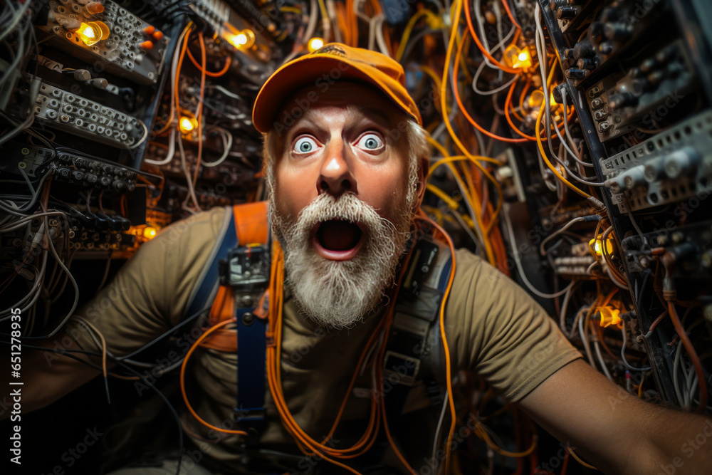 Breathtaking depiction of a shocked electrician, mouth agape in ...