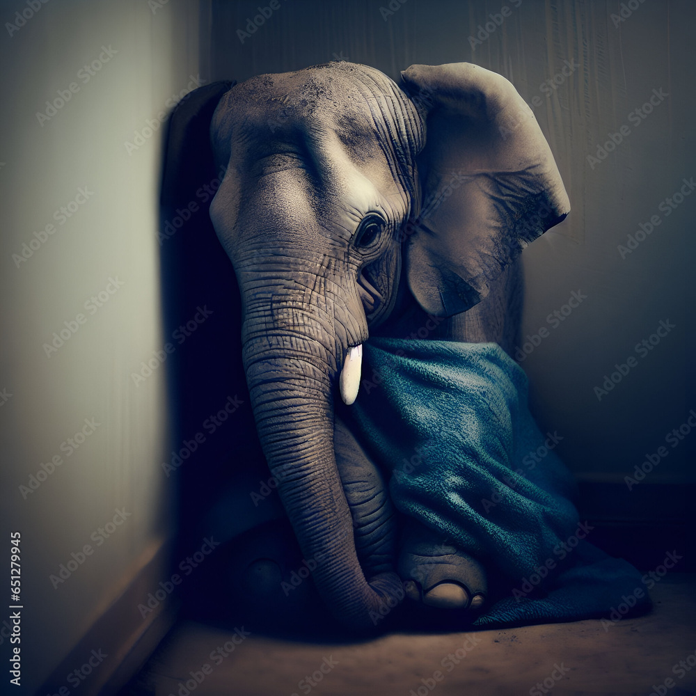 Big Sad Elephant with its Trunk Down Sitting Peeking out from a Corner ...