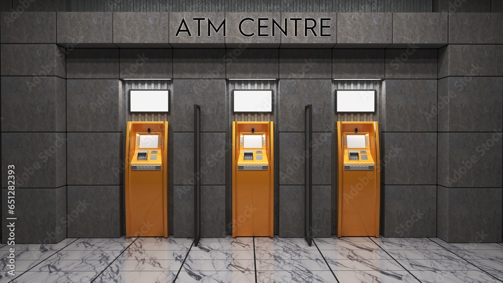 ATMs installed in illuminated niches in the wall. 3d illustration Stock ...