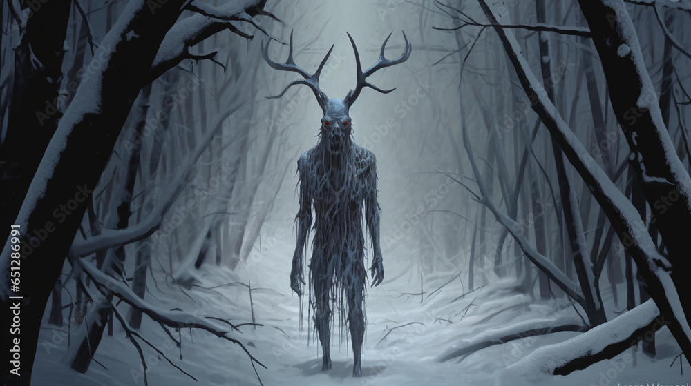 A hauntingly beautiful depiction of a wendigo, a malevolent creature ...