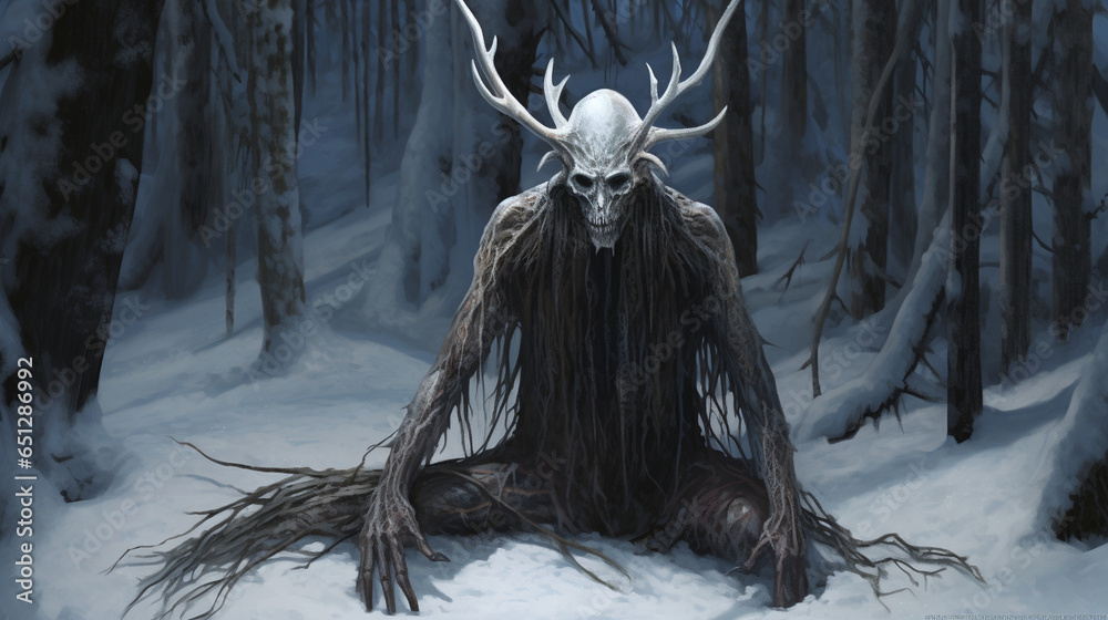 A hauntingly beautiful depiction of a wendigo, a malevolent creature ...