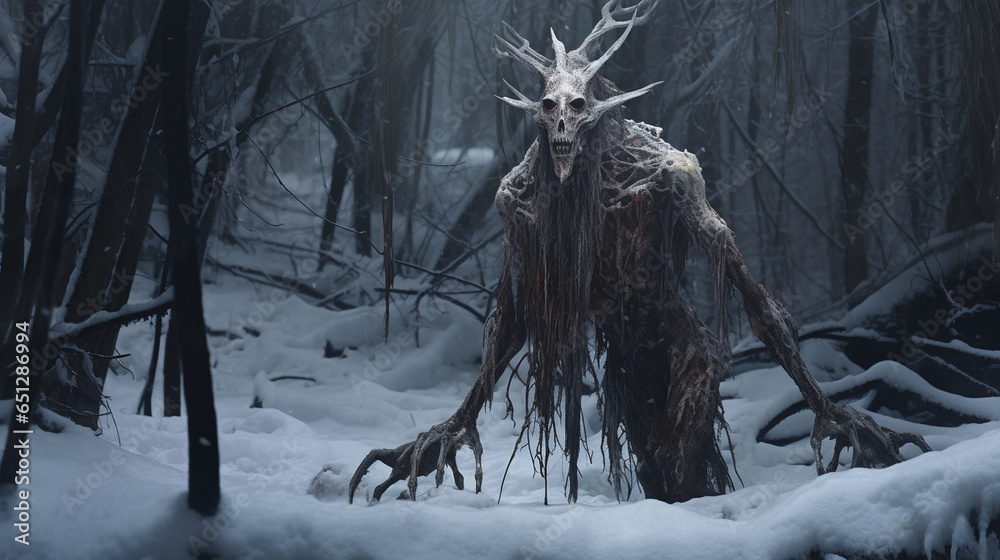 A hauntingly beautiful depiction of a wendigo, a malevolent creature ...