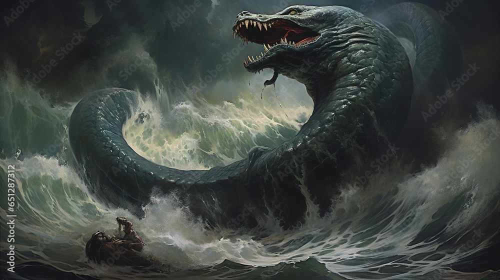 Poster An awe-inspiring illustration of a sea serpent, with a ...