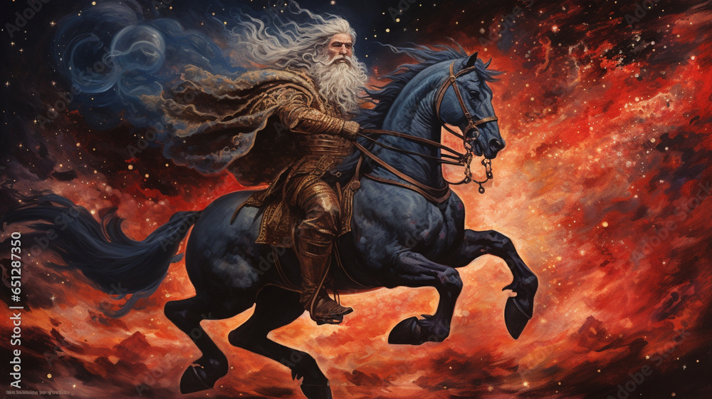 An epic and otherworldly tableau of a powerful Norse god, Odin, riding ...