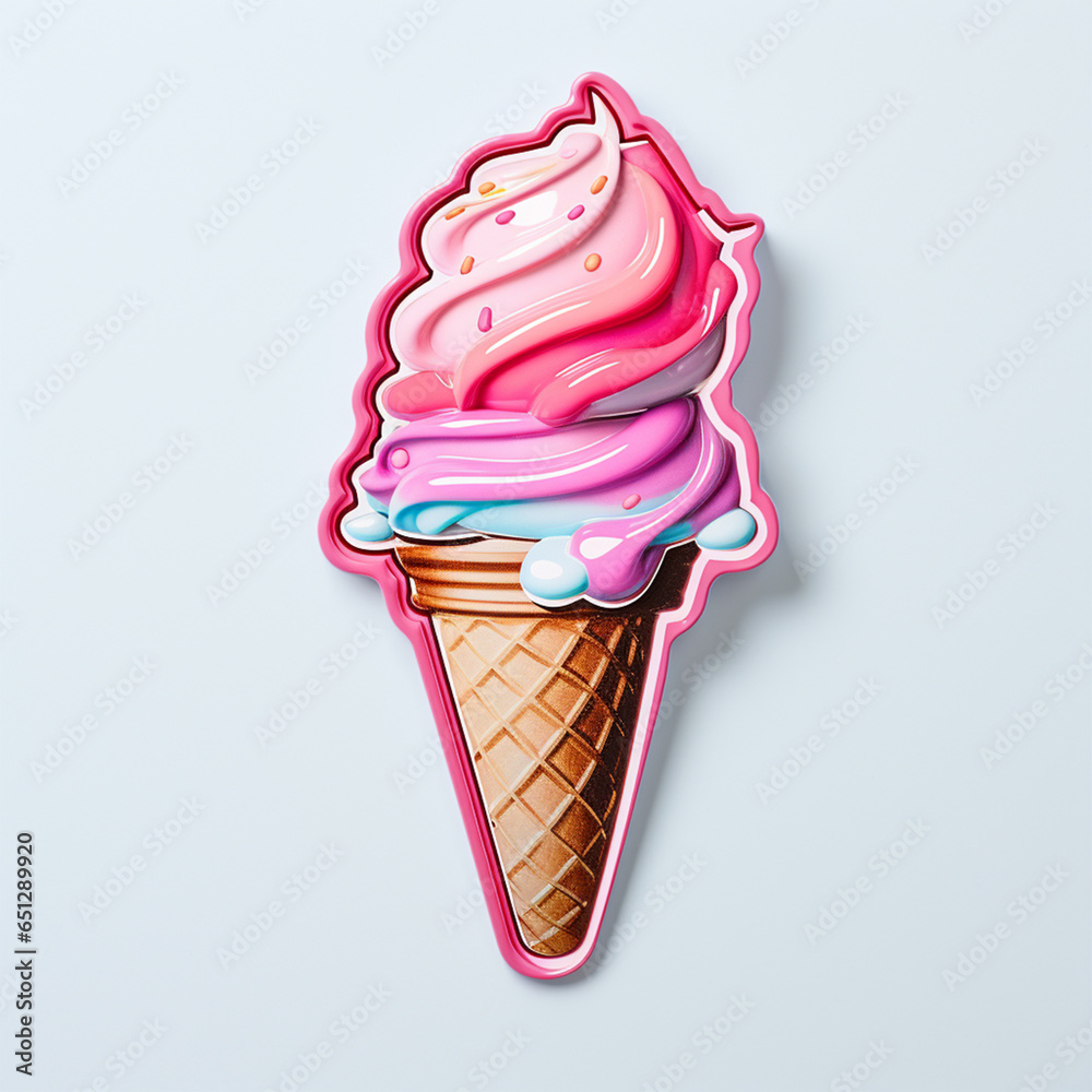 3D Ice cream Illustration, 3D embossed cute ice cream cone sticker, One ...