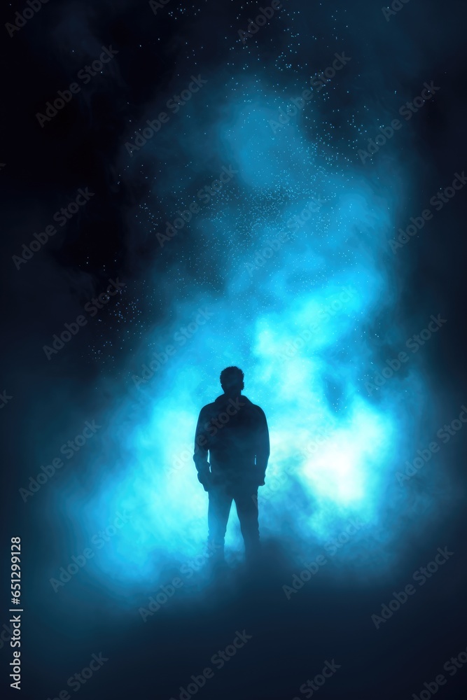 male figure in blue fog. smoke, ashes, flames, back light, silhouette ...