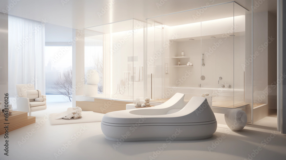 A lavish, minimalist spa bathroom with a dominant white palette ...