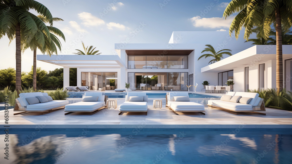A luxurious, modern pool area with white architectural accents ...