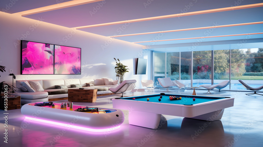 A sleek, modern game room in a clean white design, boasting a pool ...