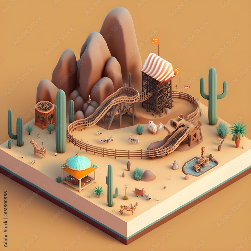 an isometric theme park western themed cactuses cutout isometric cute ...