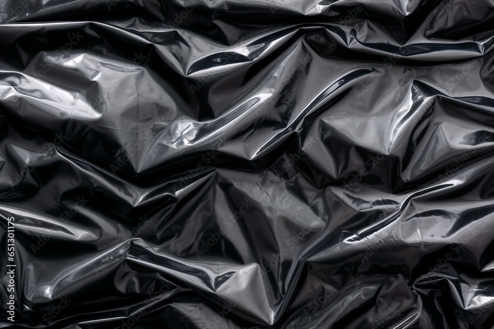 Close-up view of a glossy and shiny black plastic bag and wrinkles ...
