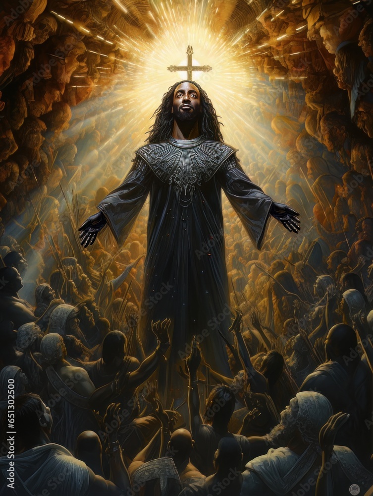 Biblical oil painting of the ascension of African Jesus Christ over the ...