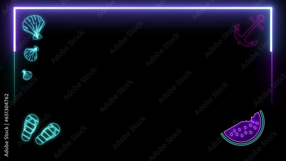 4K Glowing Neon Sea and Summer Concept Frame Template Isolated on Black ...
