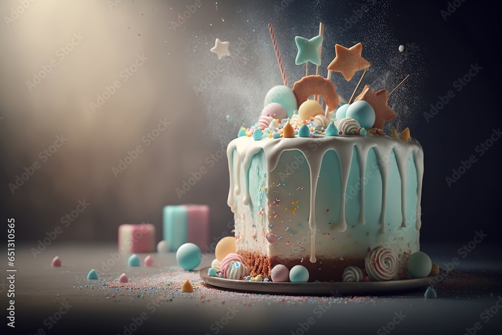 Celebration party birthday cake with glaze. Powder, sugar splash ...