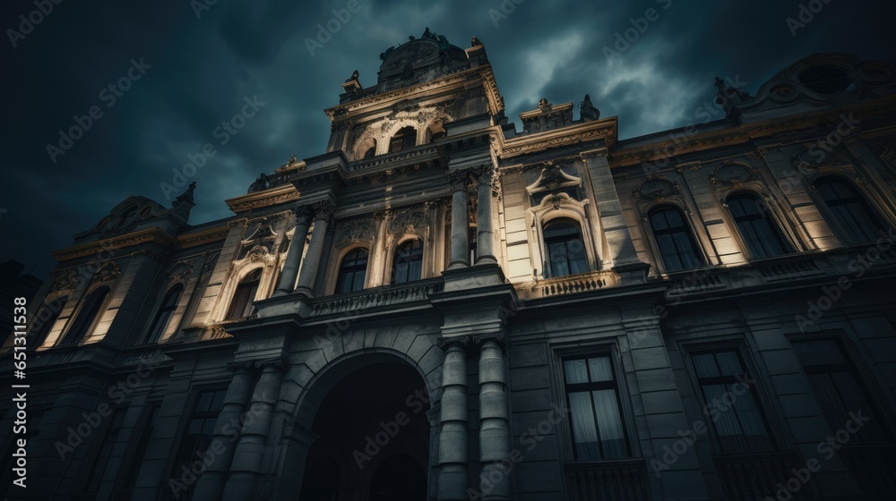 A dark, moody shot of a vintage Gothic building in the city at night ...