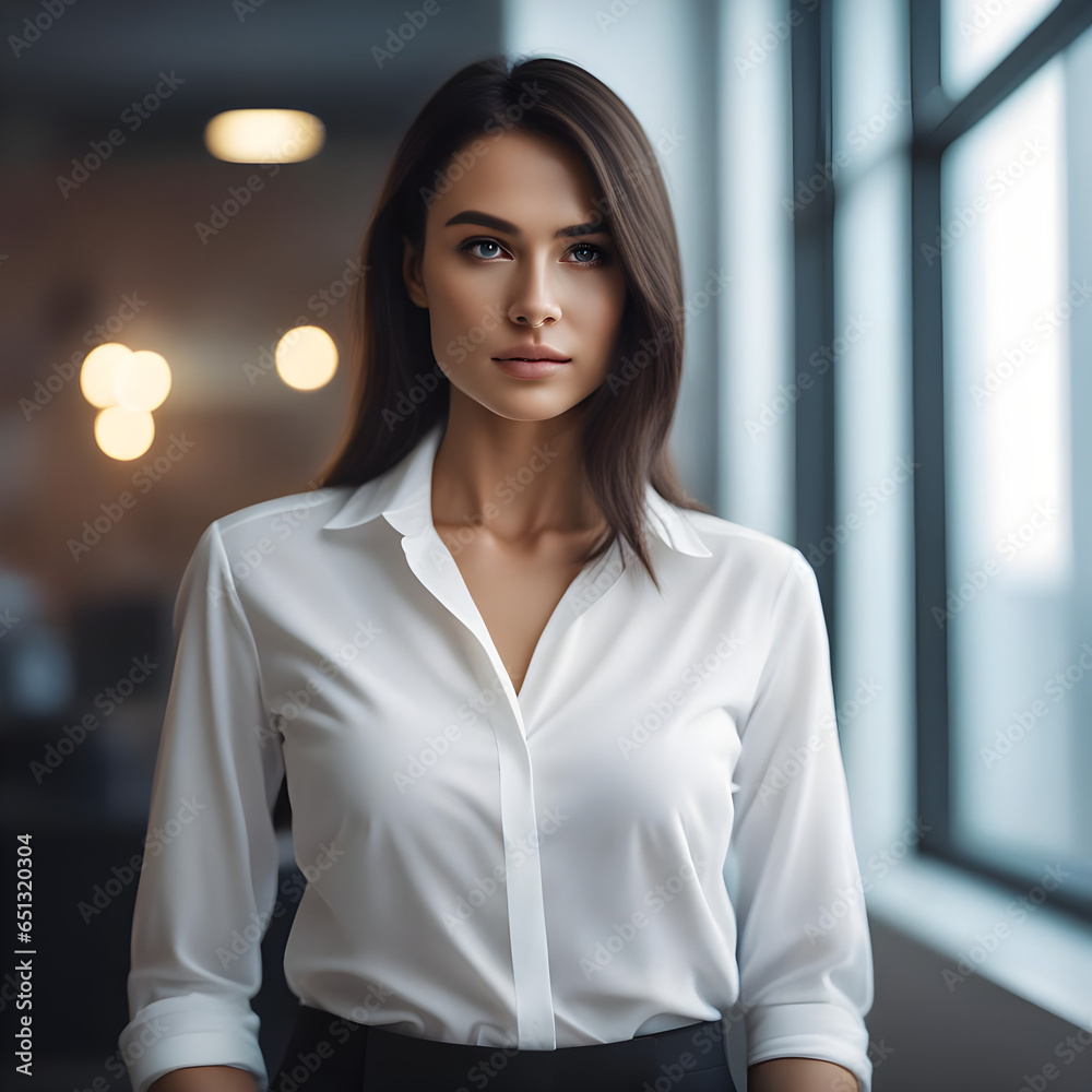 Professional beautiful woman with dark hair white shirt with office ...