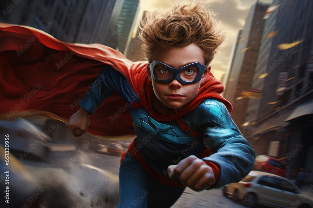 A young boy dressed as a superhero is captured in mid-air, soaring ...