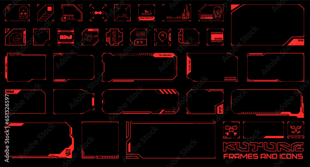Cyberpunk Frames and icons isolated on black background, vector mockup ...