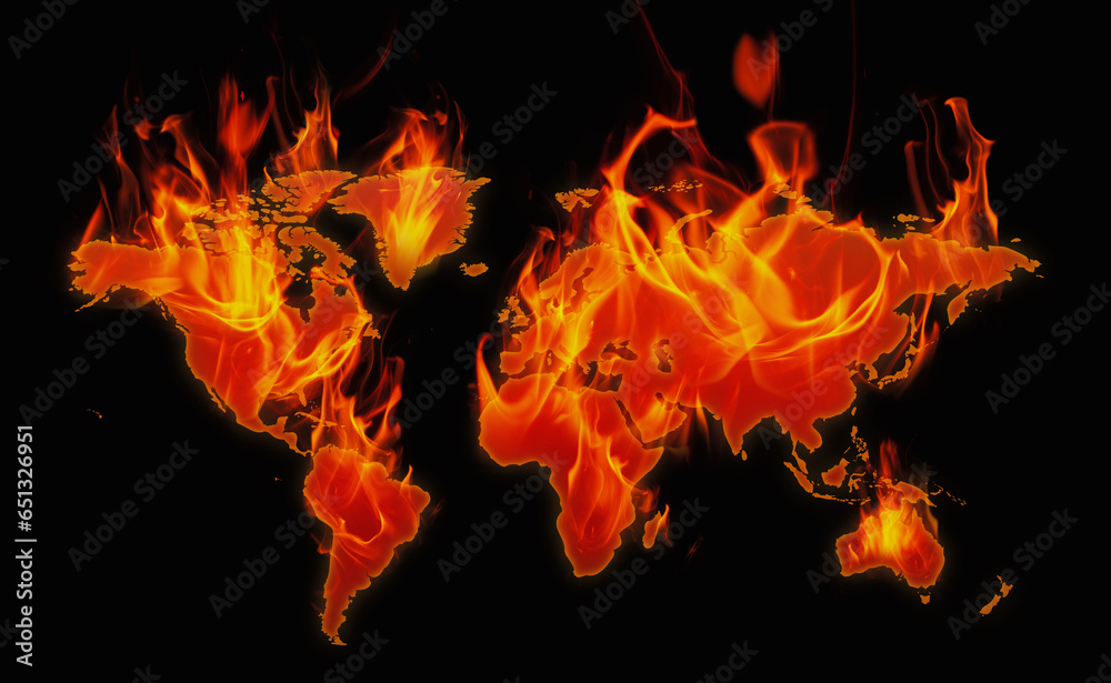 Burning continents, world map on fire, conceptual image of world ...
