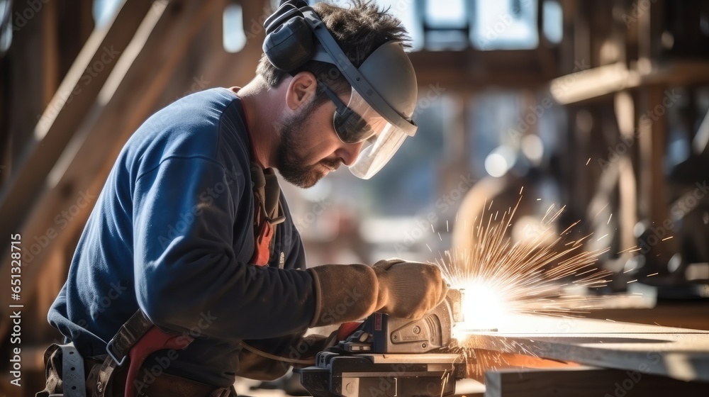 Construction worker using power tools while working at construction ...