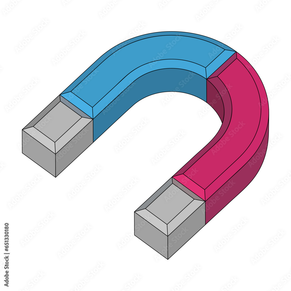 Curved horseshoe magnet with red and blue poles of positive and ...