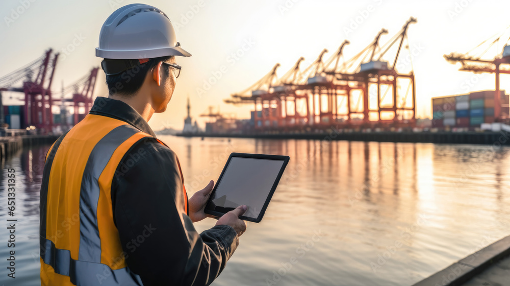Logistic concept, Port engineers are using digital tablets to control ...
