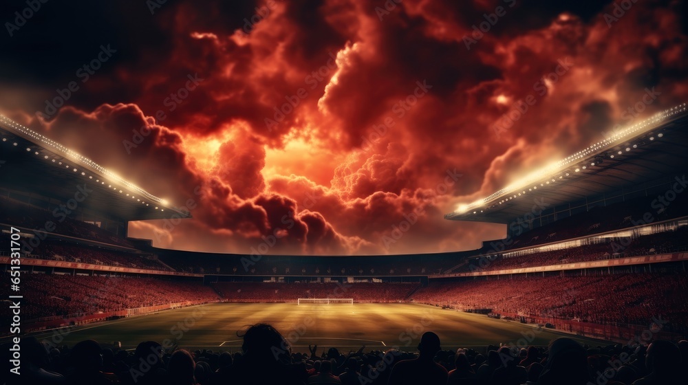 Football stadium with Scary dramatic red clouds background. Stock Photo ...