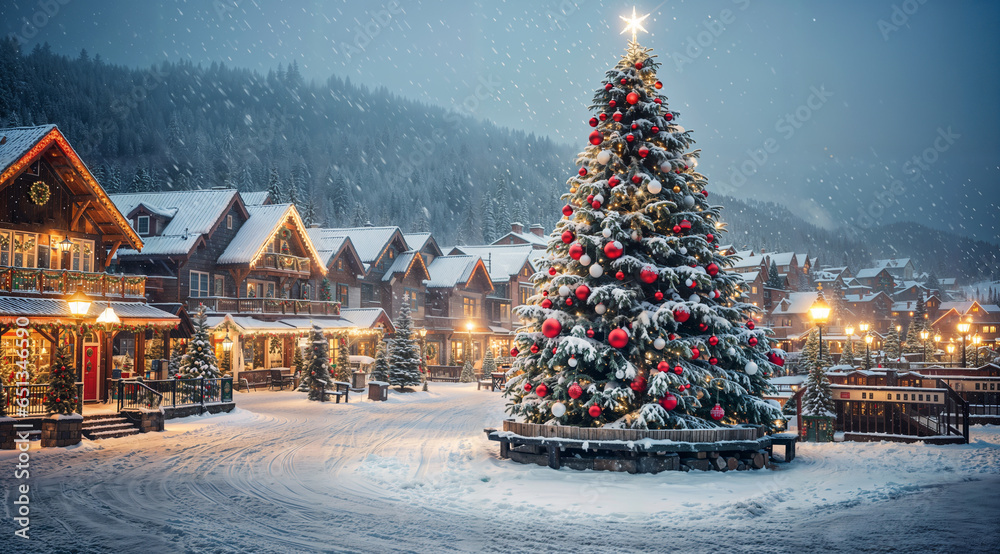 Christmas village, snowy santa village with a big Christmas tree and ...