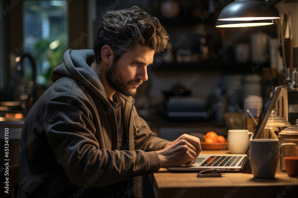 A person working from home in isolation, illustrating the blurring of ...