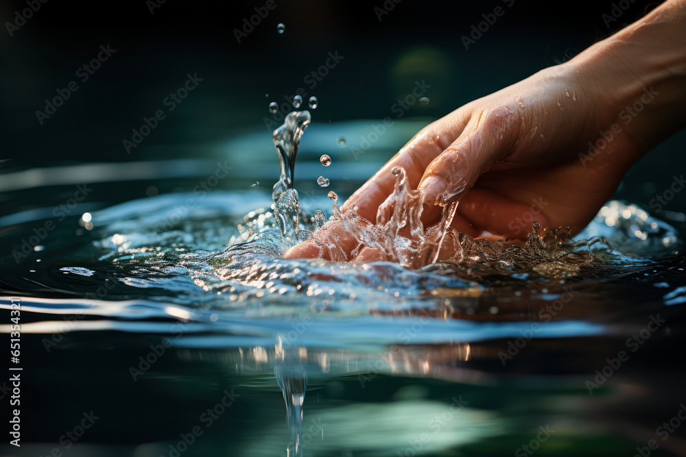 A person's hand reaching out to touch the surface of a calm pond ...