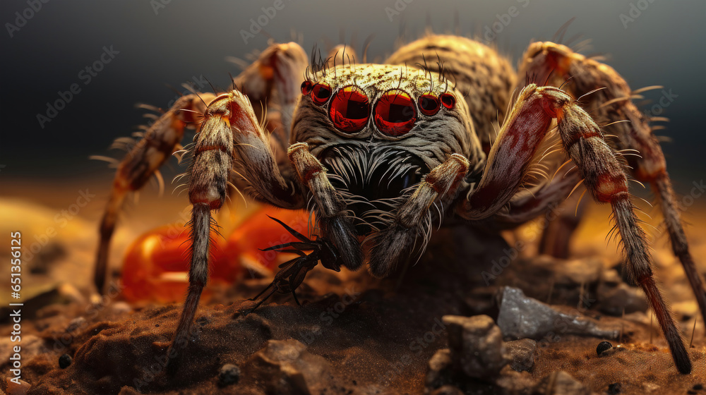 Frightening Spider with Red Eyes on Rocky Ground Stock Photo | Adobe Stock