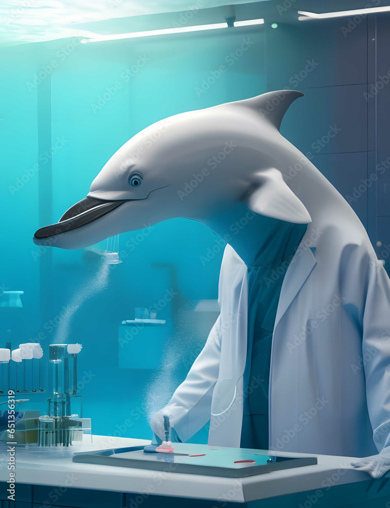 dolphin wearing a lab coat in a science lab conducting experiments ...