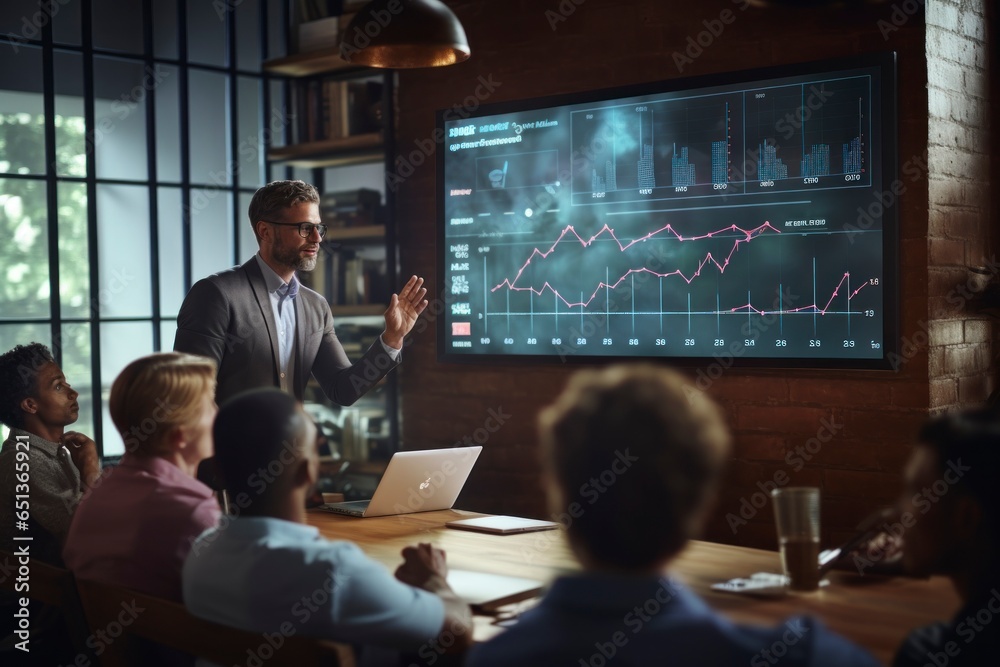 A data scientist presenting findings to a diverse audience in a high ...