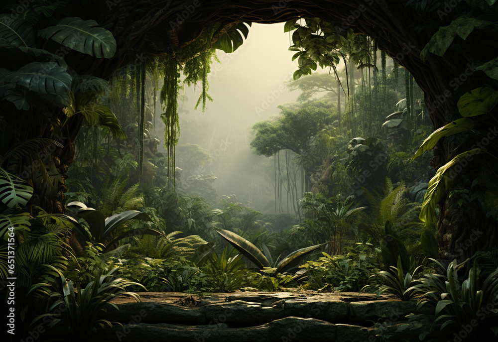 Ai Generative Beautiful jungle background with border made of tropical ...