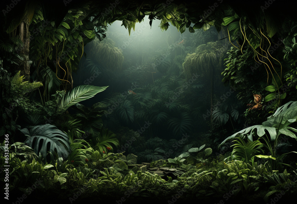 Ai Generative Beautiful jungle background with border made of tropical ...