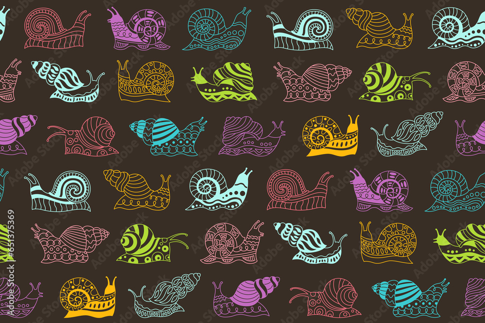 Snail with ornament doodle seamless pattern. Abstract repeat childish ...