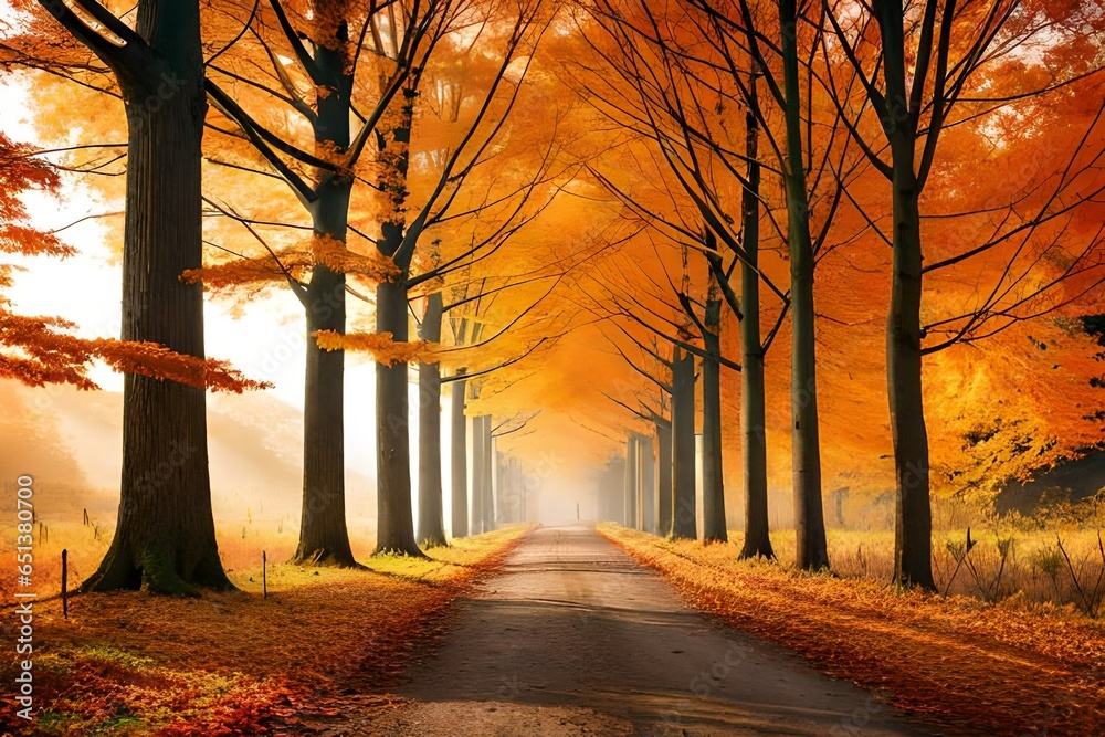 Fall season in the forest showing rich orange and yellow color with ...