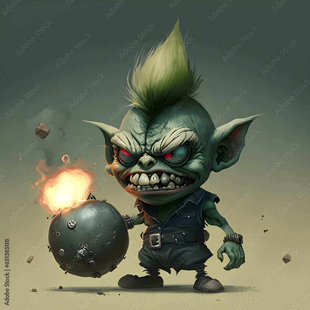 smirky goblin with a round black bomb which is about to explode digital ...