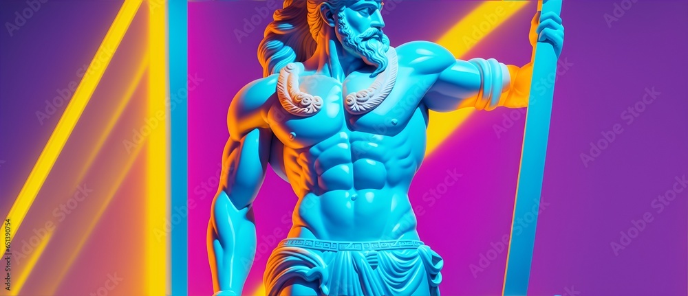 Upper body statue of a greek god zeus facing forward on a retro neon ...