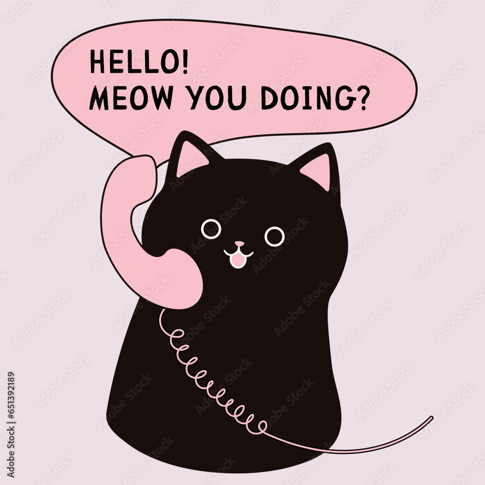 Cute adorable funny black cat calling pink retro landline phone ...