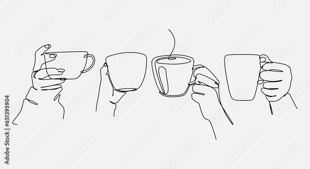 set of drawing of hands holding coffee in continuous one line drawing ...