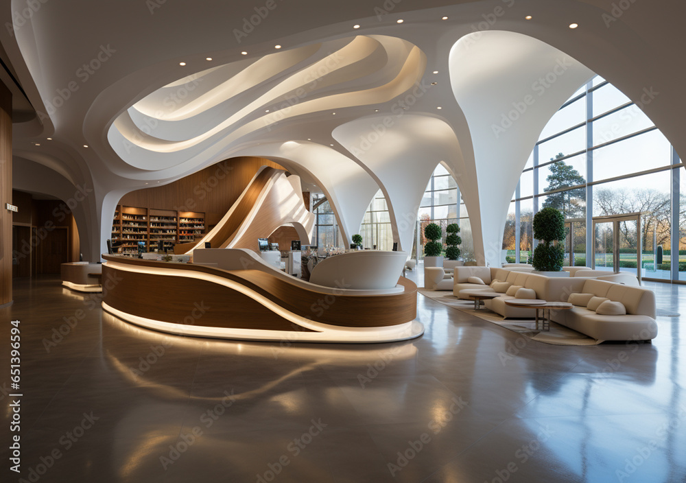 Generative AI. modern and futuristic hotel lobby space. sleek front ...