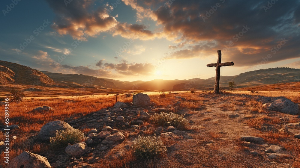 Cross of Jesus Christ at sunset as a representation of the resurrection ...