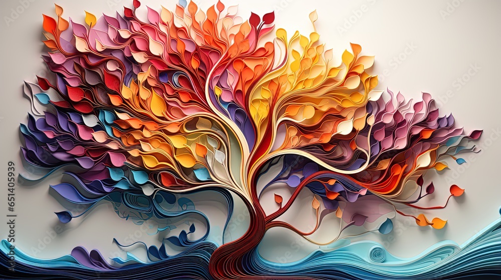 The tree of life in multicolored leaves, in the style of matte drawing ...