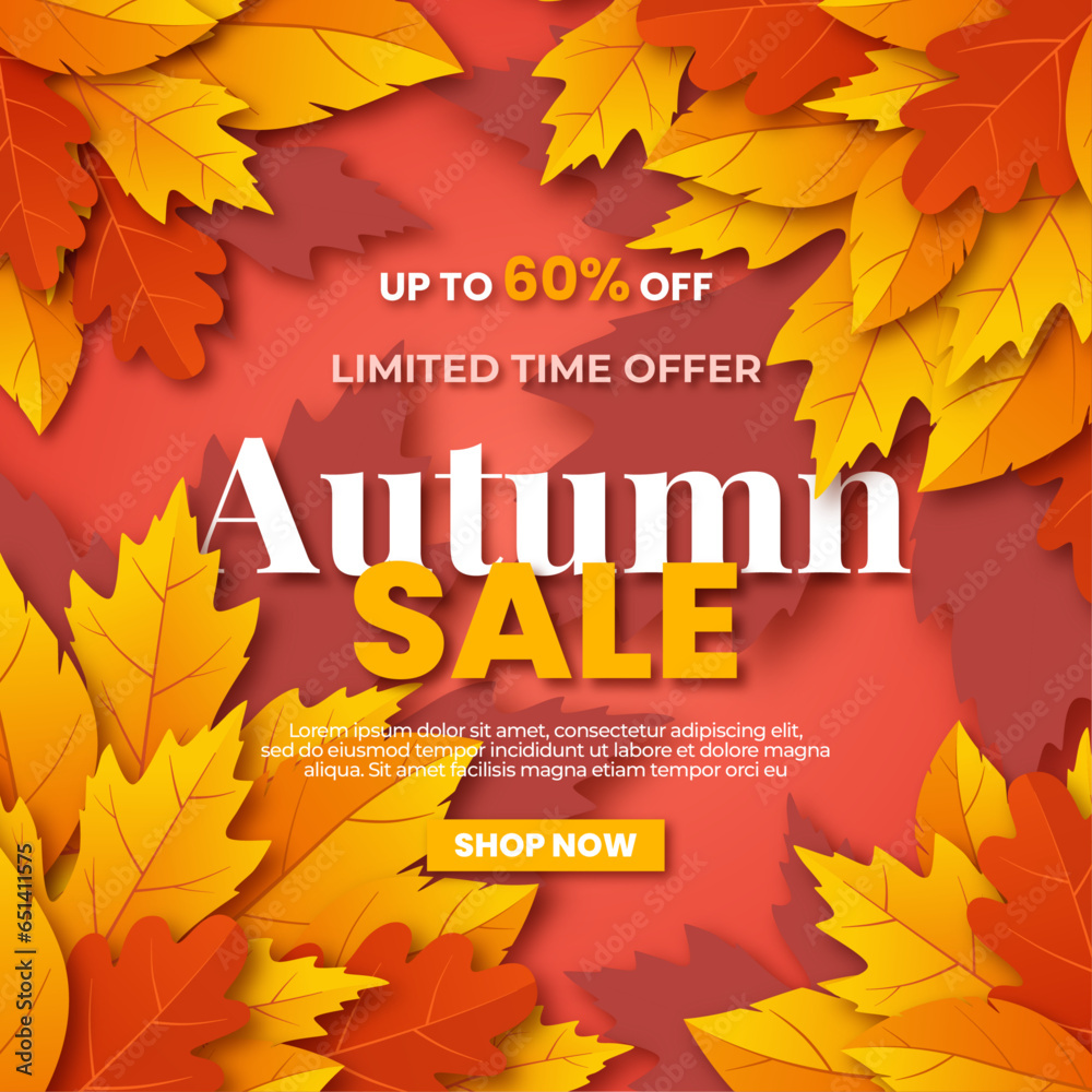 Limited time offer autumn sale vector banner design with pile of leaves ...
